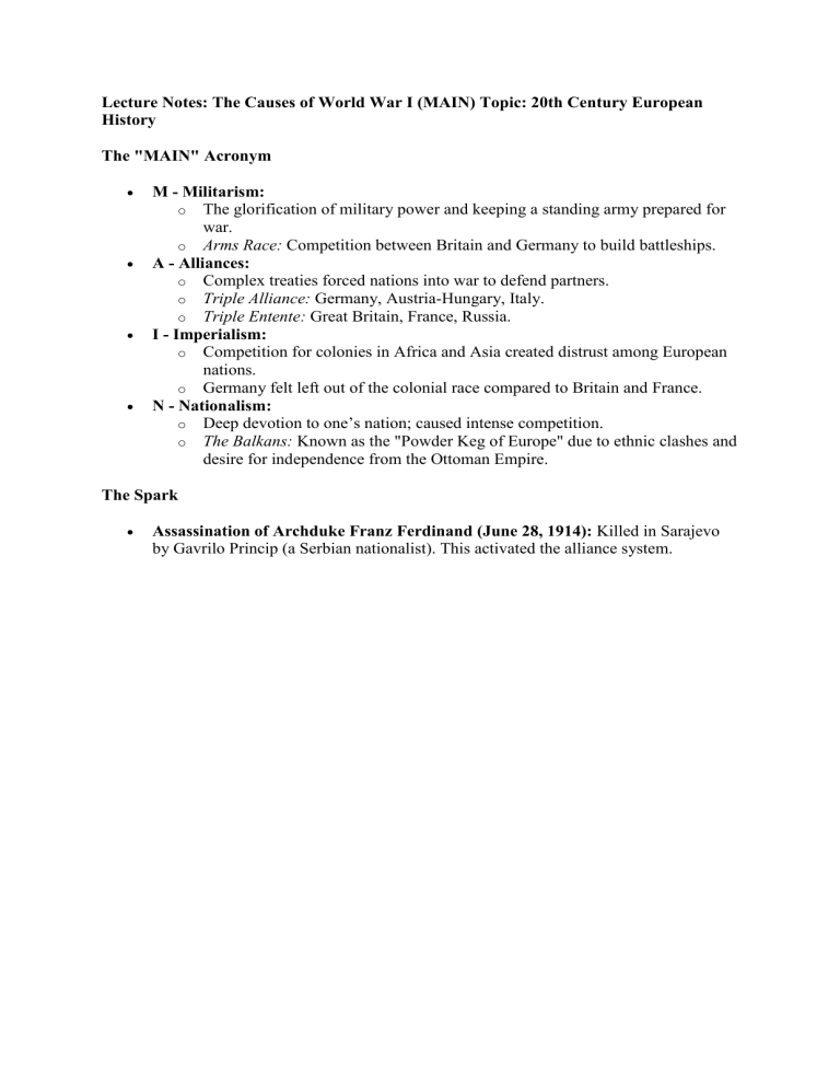 Causes of World War I: MAIN Acronym Lecture Notes (20th Century History)