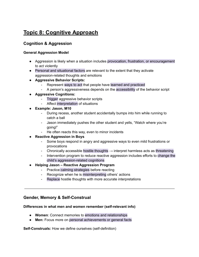 Cognitive & Freudian Approaches: Aggression, Depression, Dreams