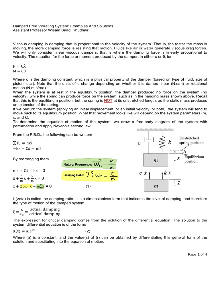 Damped Free Vibration: Examples & Solutions