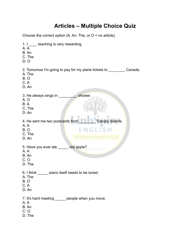 English Articles Quiz: A, An, The Practice