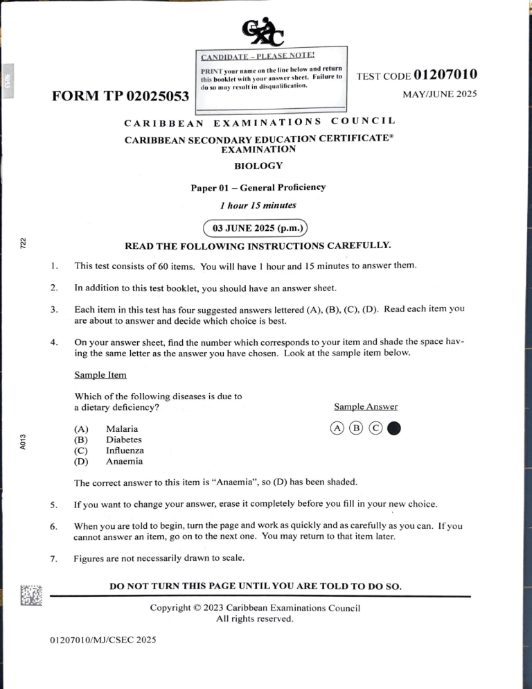 CSEC Biology Exam Paper - General Proficiency