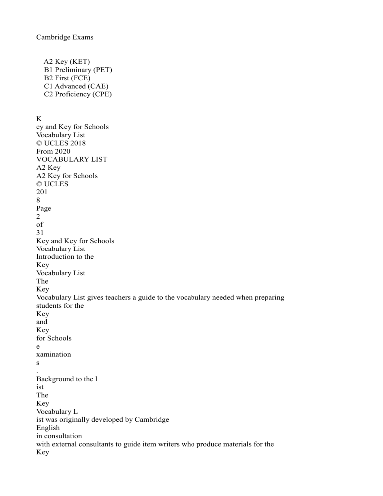 A2 Key & Key for Schools Vocabulary List 2020 - Cambridge English