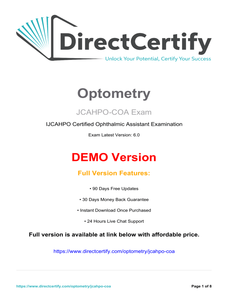 JCAHPO-COA Optometry Exam Prep: Sample Questions
