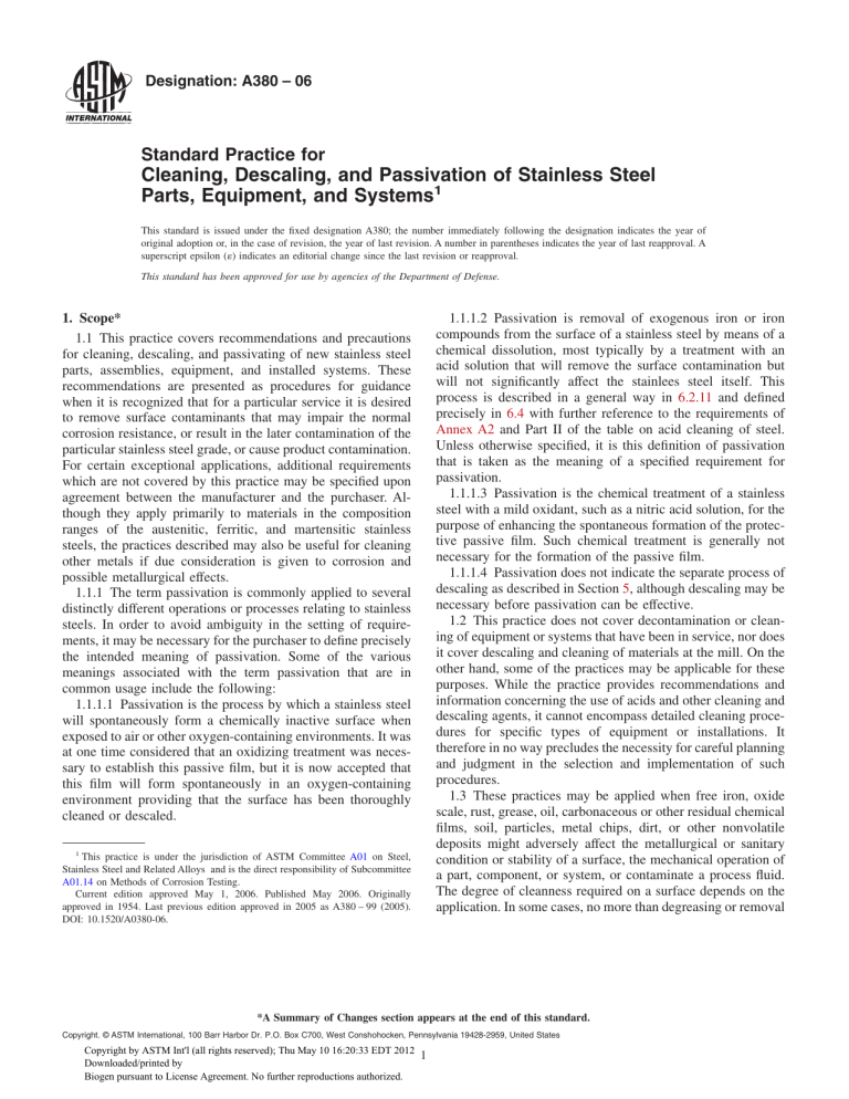 ASTM A380-06: Cleaning, Descaling, Passivation of Stainless Steel