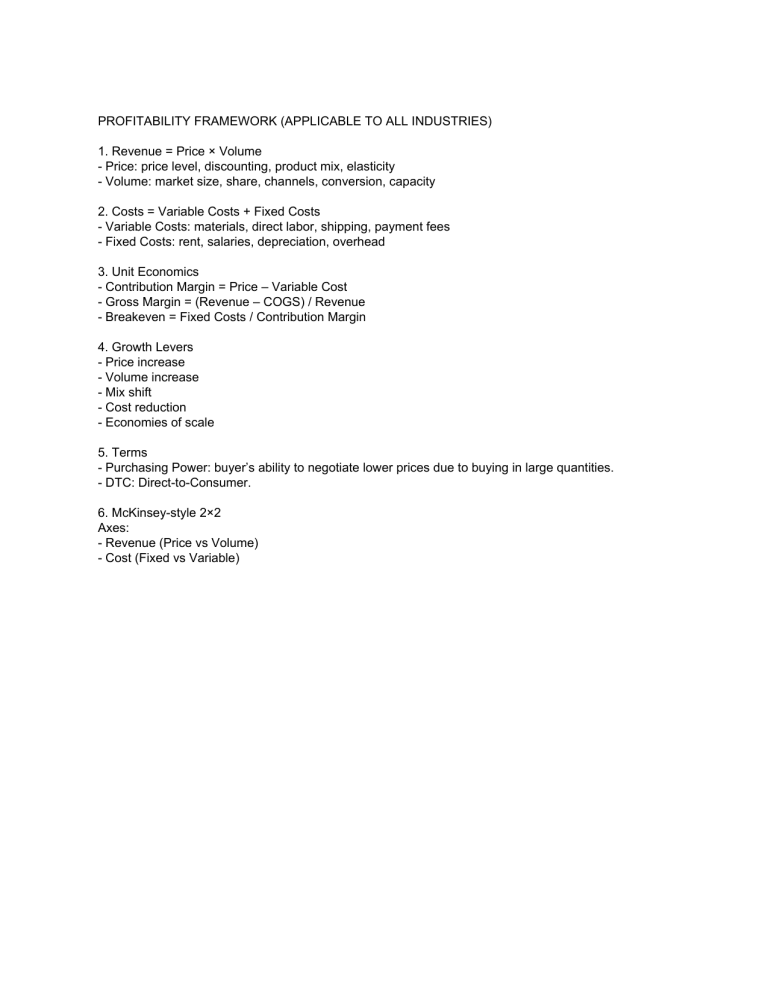 Profitability Framework: Revenue, Costs, Unit Economics & Growth Levers