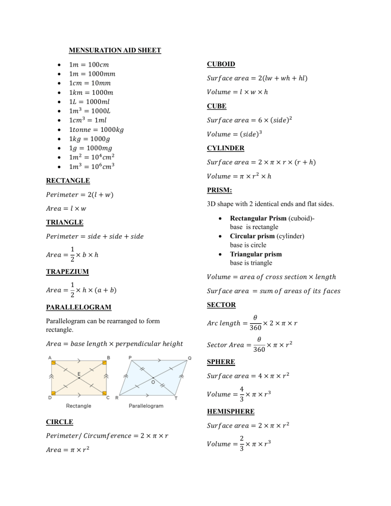 Mensuration Aid Sheet: Formulas & Conversions for Geometry