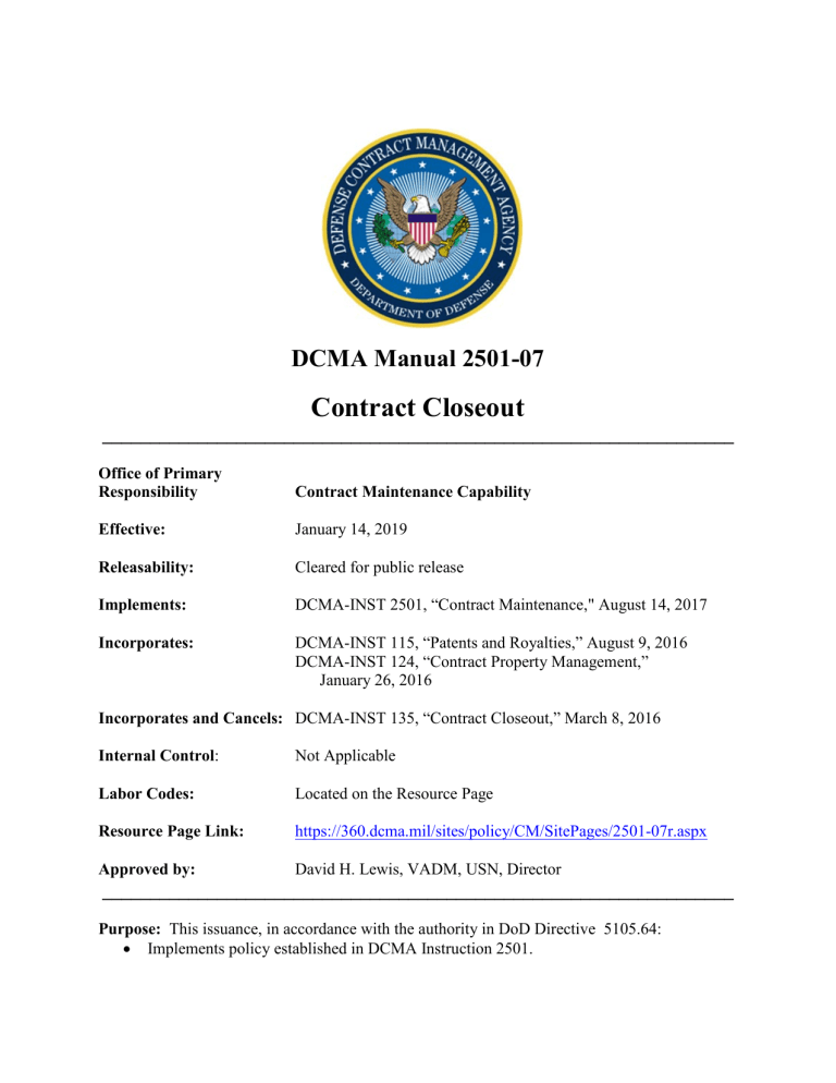 DCMA Manual 2501-07: Contract Closeout Procedures & Responsibilities