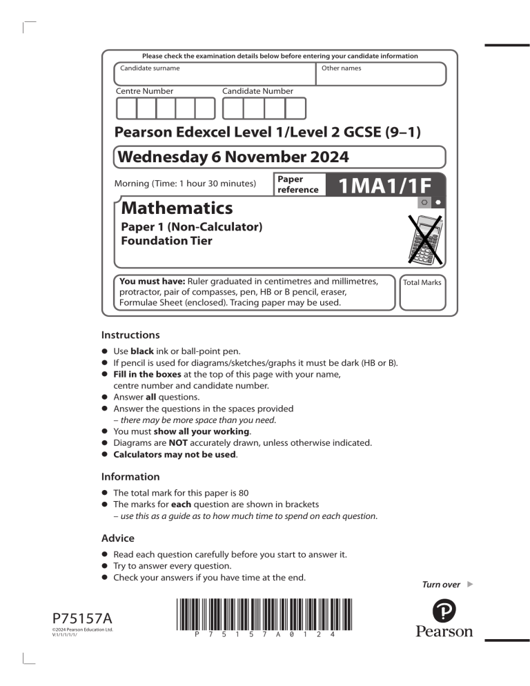 GCSE Mathematics Paper 1 (Non-Calculator) Foundation Tier Edexcel 2024