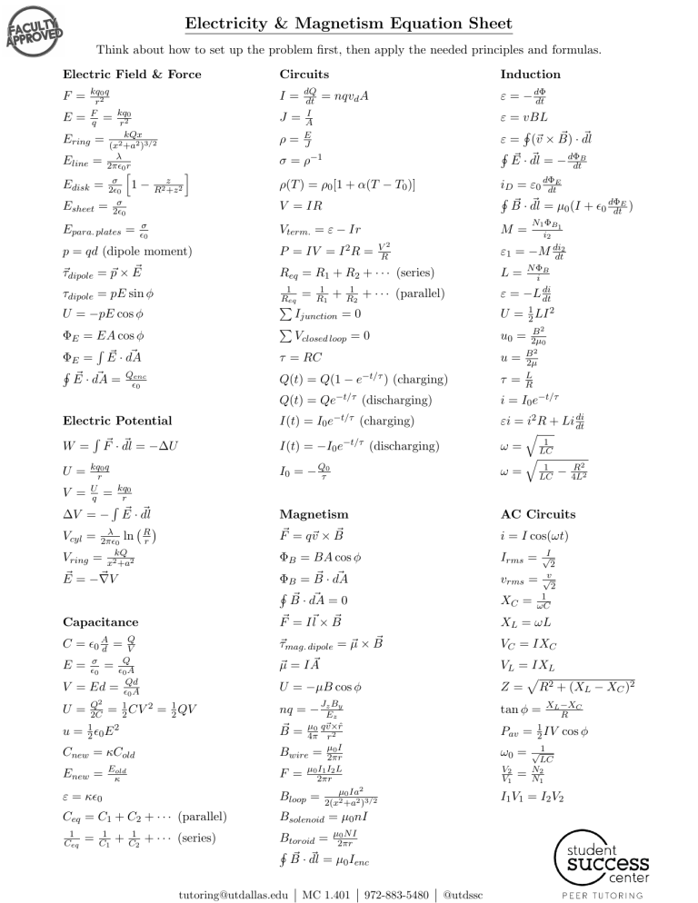 Electricity & Magnetism Equation Sheet | Physics Formulas & Constants