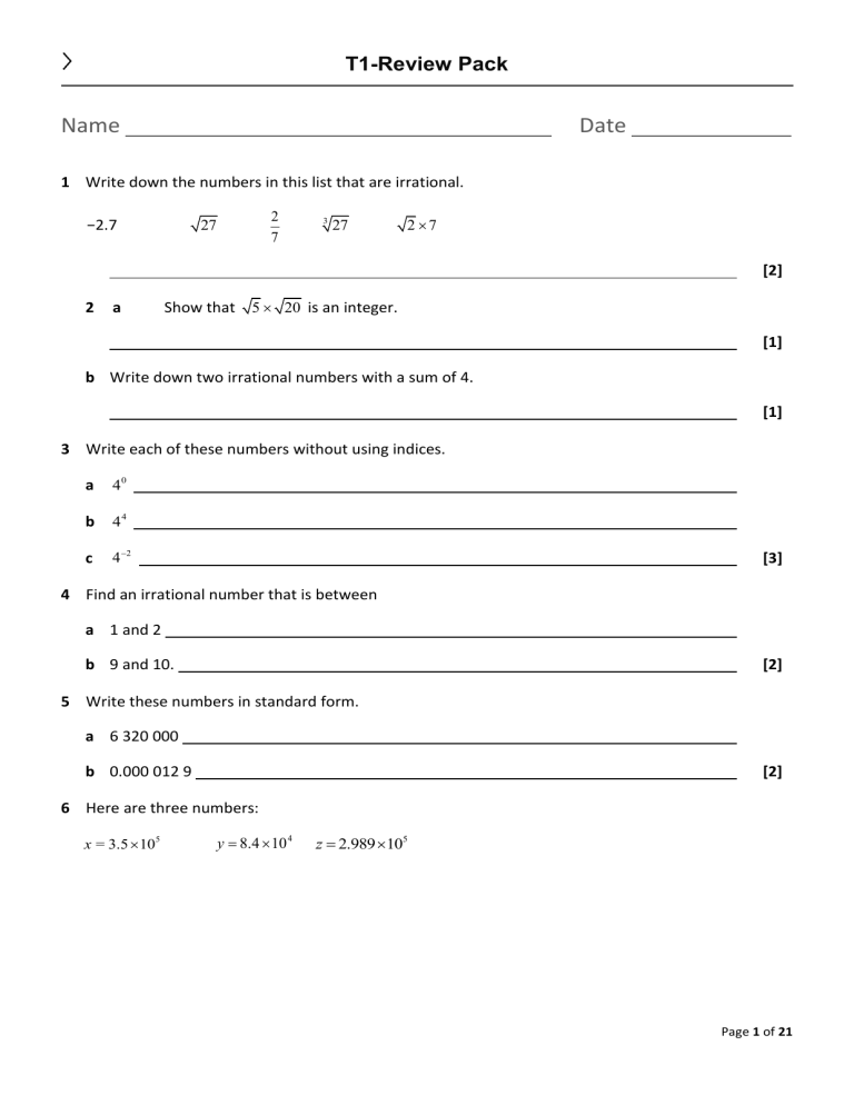 T1-Review Pack: High School Math Practice Questions & Solutions