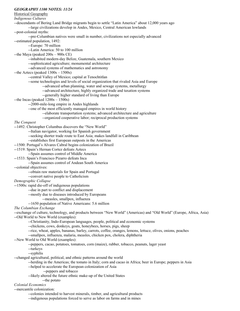 Historical Geography Notes: Indigenous Cultures to Colonial Latin America