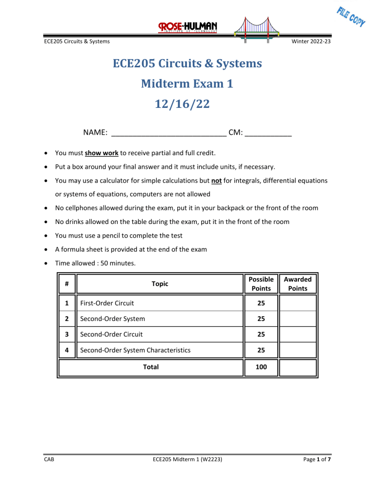 ECE205 Circuits & Systems Midterm Exam 1 - Winter 2022-23