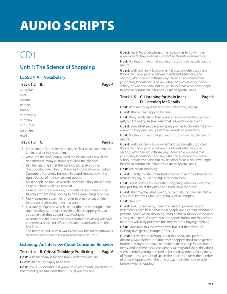 Audio Scripts CD1 Unit 1: The Science of Shopping & Consumer Behavior