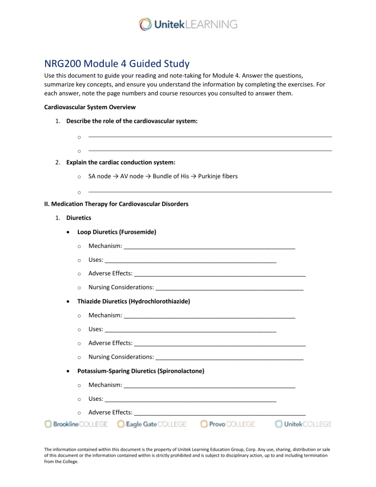 NRG200 Module 4: Cardiovascular & Hematologic Pharmacology Study Guide