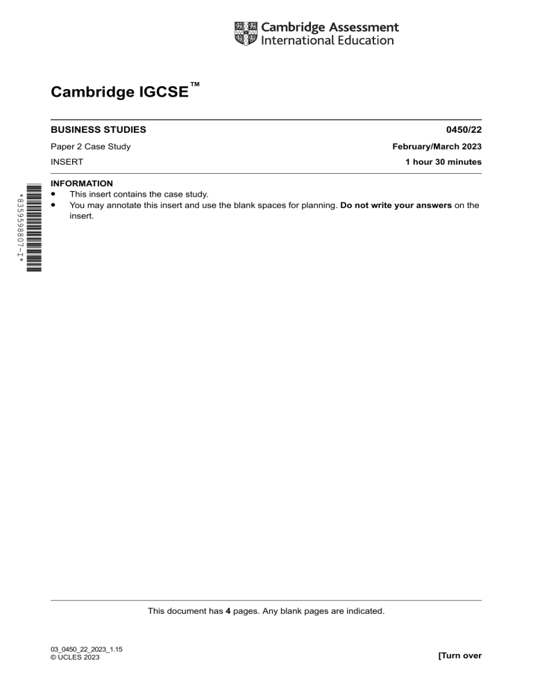 Cambridge IGCSE Business Studies 0450/22 Case Study Insert 2023