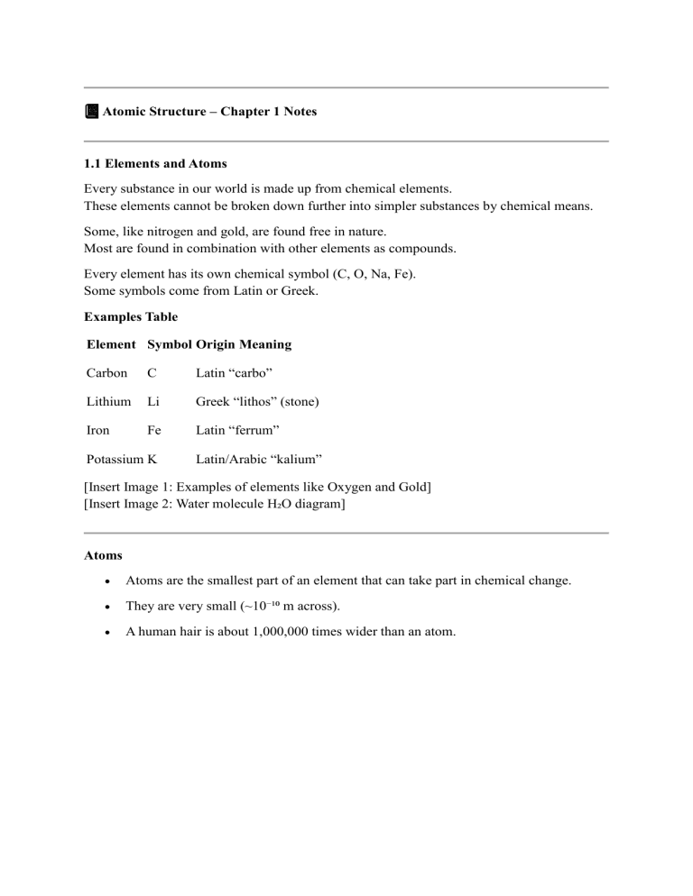 Atomic Structure Notes: Elements, Atoms, and Ions