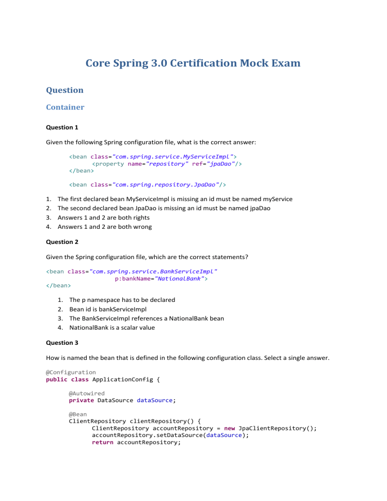 Core Spring 3.0 Certification Mock Exam: Container, Test, AOP Questions