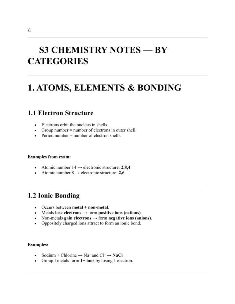 S3 Chemistry Notes: Atoms, Bonding, Reactions & More