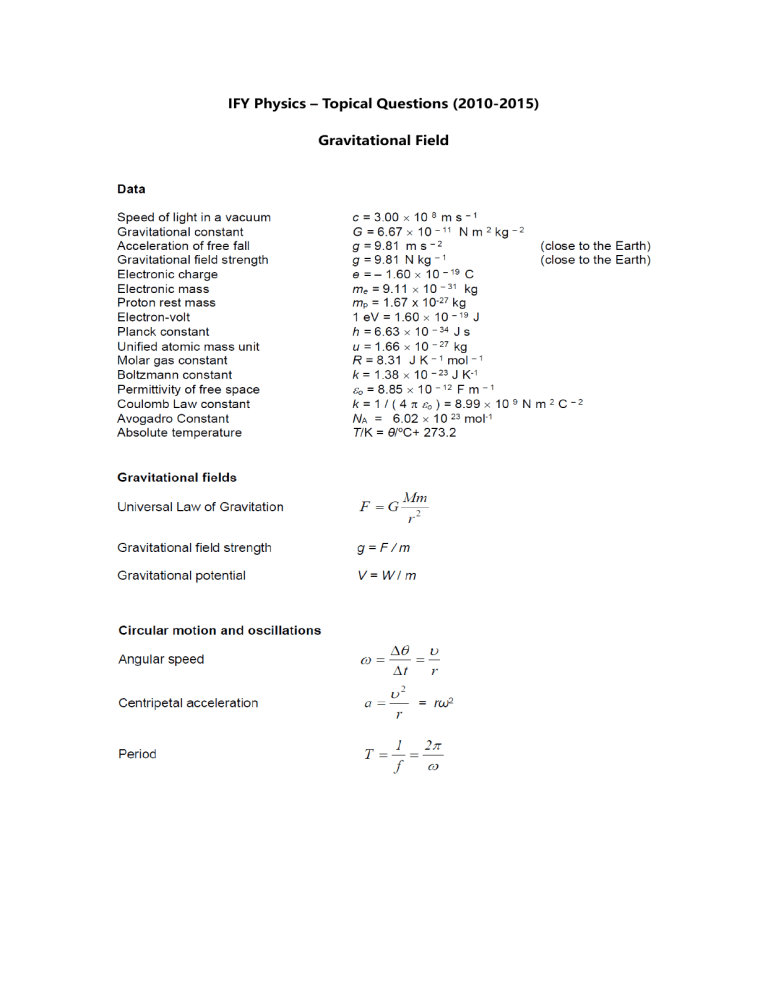 Gravitational Field Physics Questions (2010-2015)