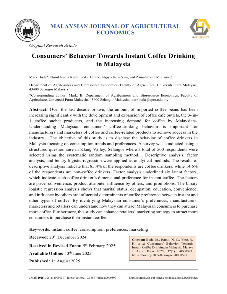 Malaysian Instant Coffee Consumption: Consumer Behavior Analysis