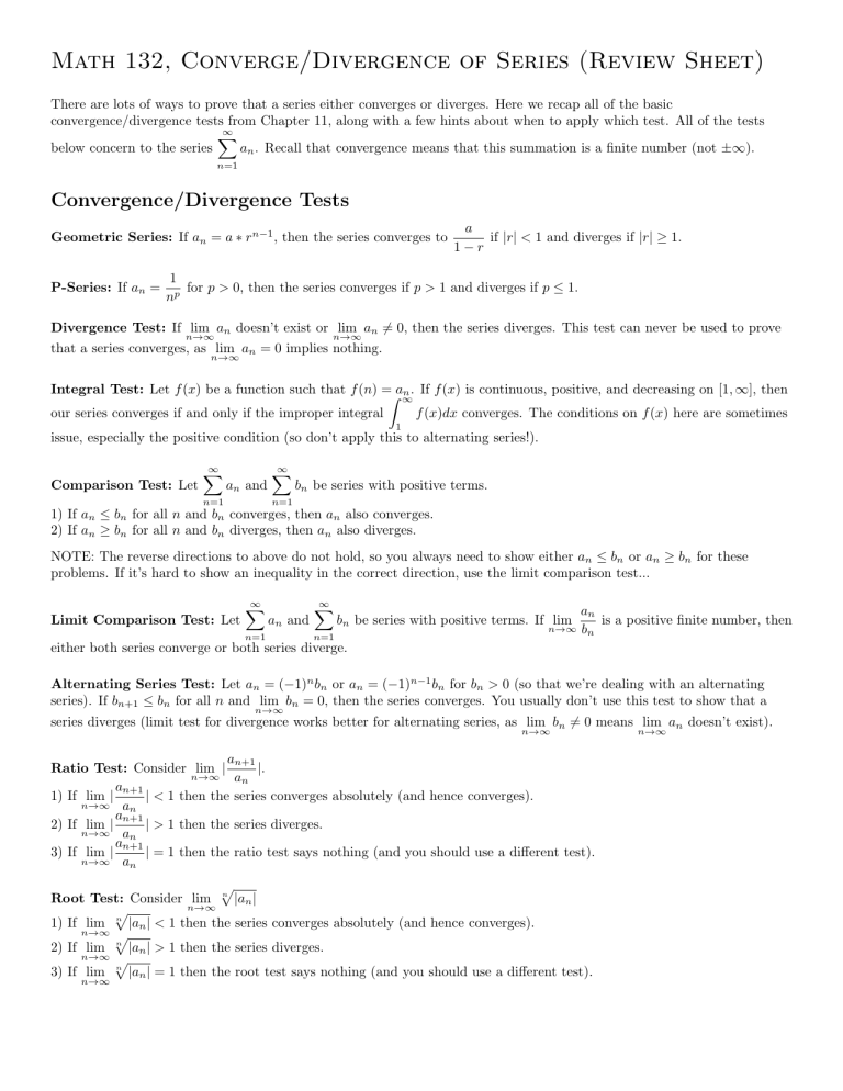 Series Convergence/Divergence Tests Review Sheet