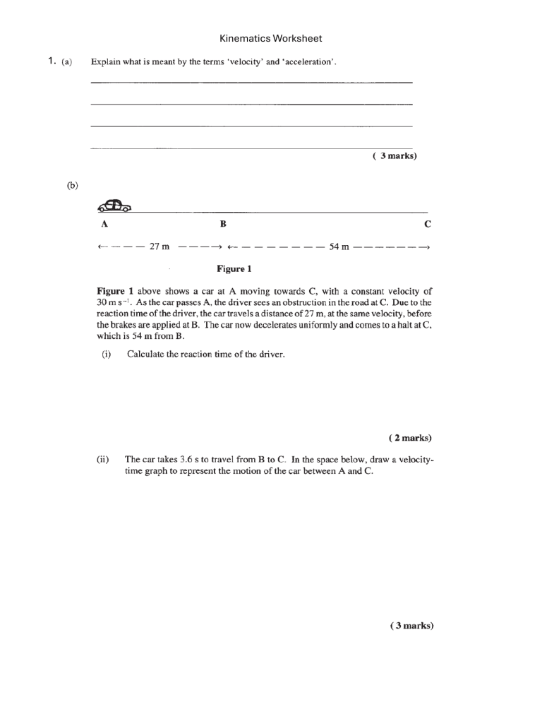Kinematics Worksheet: Velocity, Acceleration, and Motion Problems