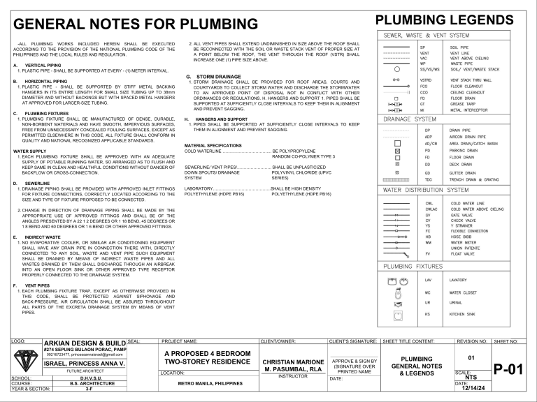 Plumbing General Notes & Legends for Residential Project - Philippines