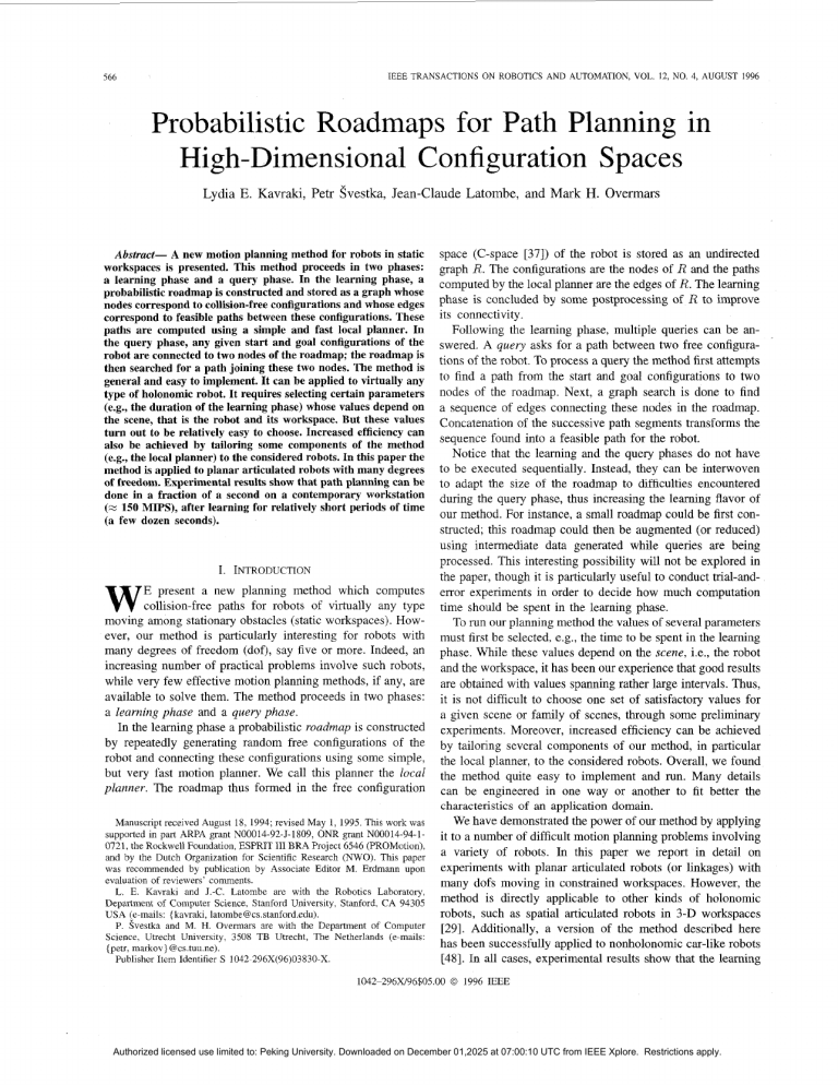 Probabilistic Roadmaps for Path Planning in High-Dimensional C-spaces