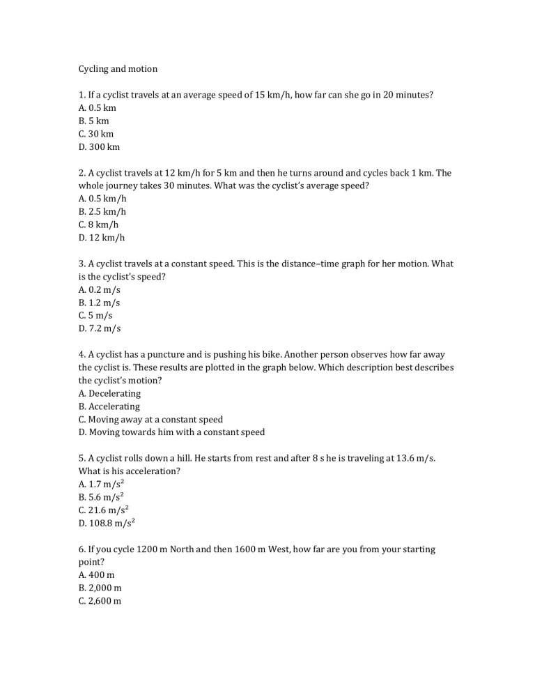 Cycling and Motion Physics Problems: Speed, Distance, Acceleration