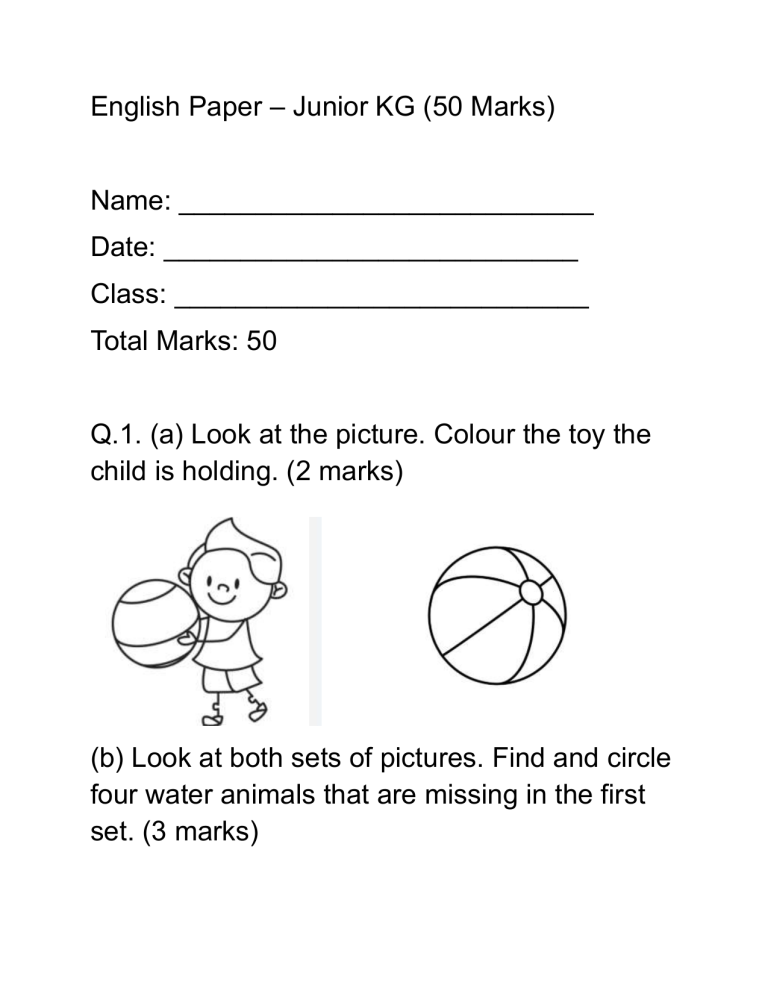 Junior KG English Exam Paper: Letters, Pictures & Actions (50 Marks)