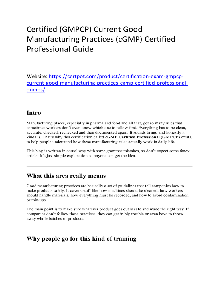 Certified (GMPCP) Current Good Manufacturing Practices (cGMP) Certified ...