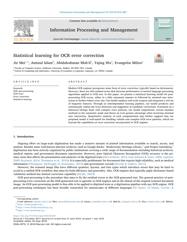 Statistical Learning for OCR Error Correction: A Post-Processing Model
