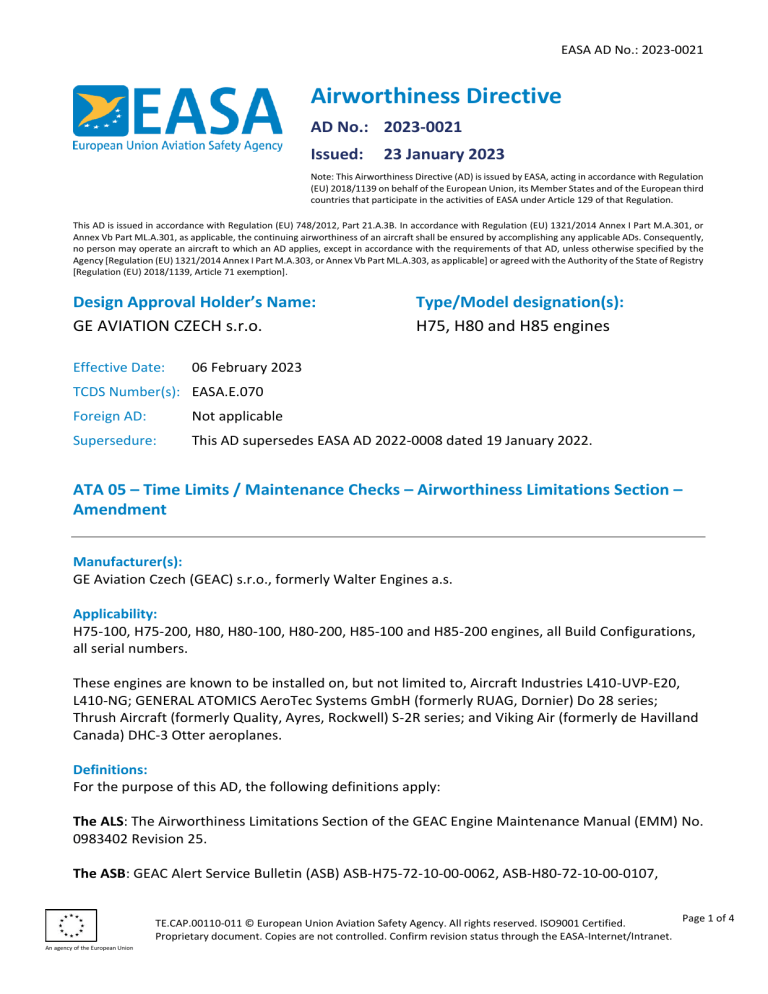 EASA AD 2023-0021: H75, H80, H85 Engine Airworthiness Limitations