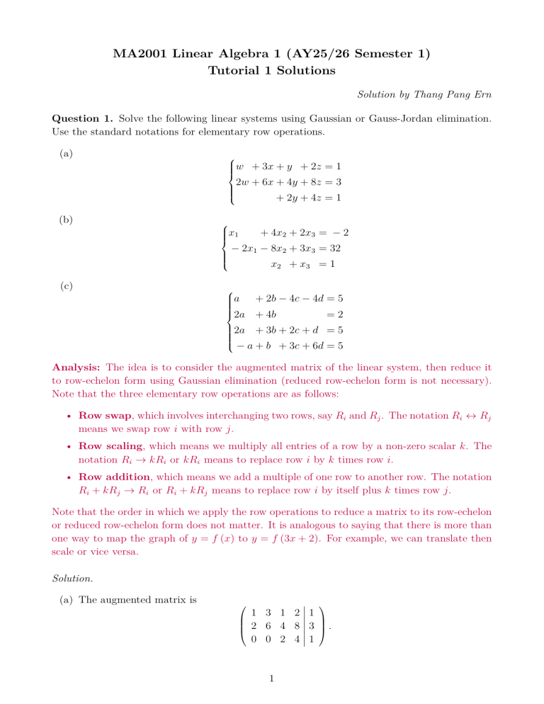 MA2001 Linear Algebra 1 Tutorial 1 Solutions