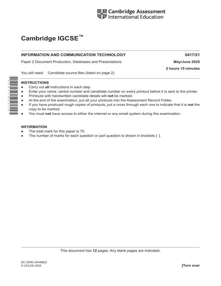 Cambridge IGCSE ICT Paper 2: Document Production, Databases, Presentations