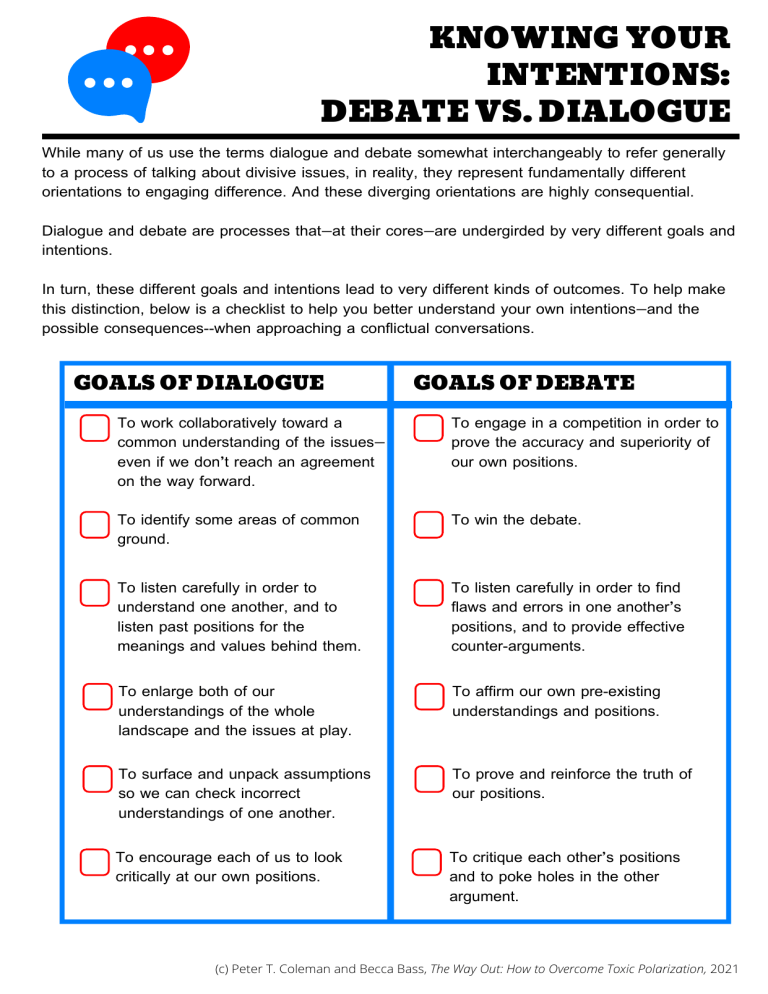 Debate vs. Dialogue: Understanding Intentions Checklist