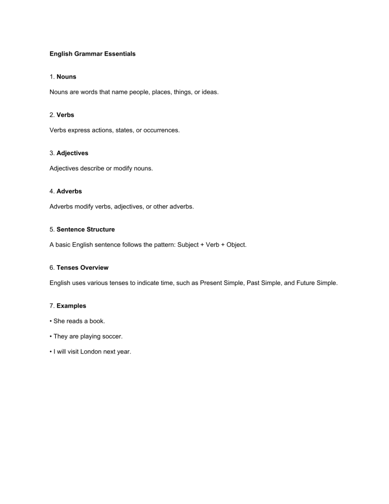 English Grammar Essentials: Nouns, Verbs, Adjectives, Adverbs & More