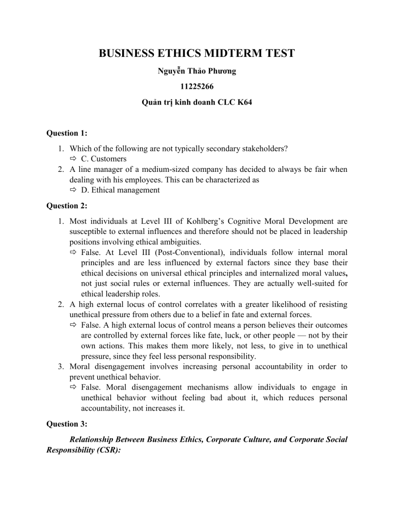 Business Ethics Midterm Test: Kohlberg, CSR, & Ethical Theories
