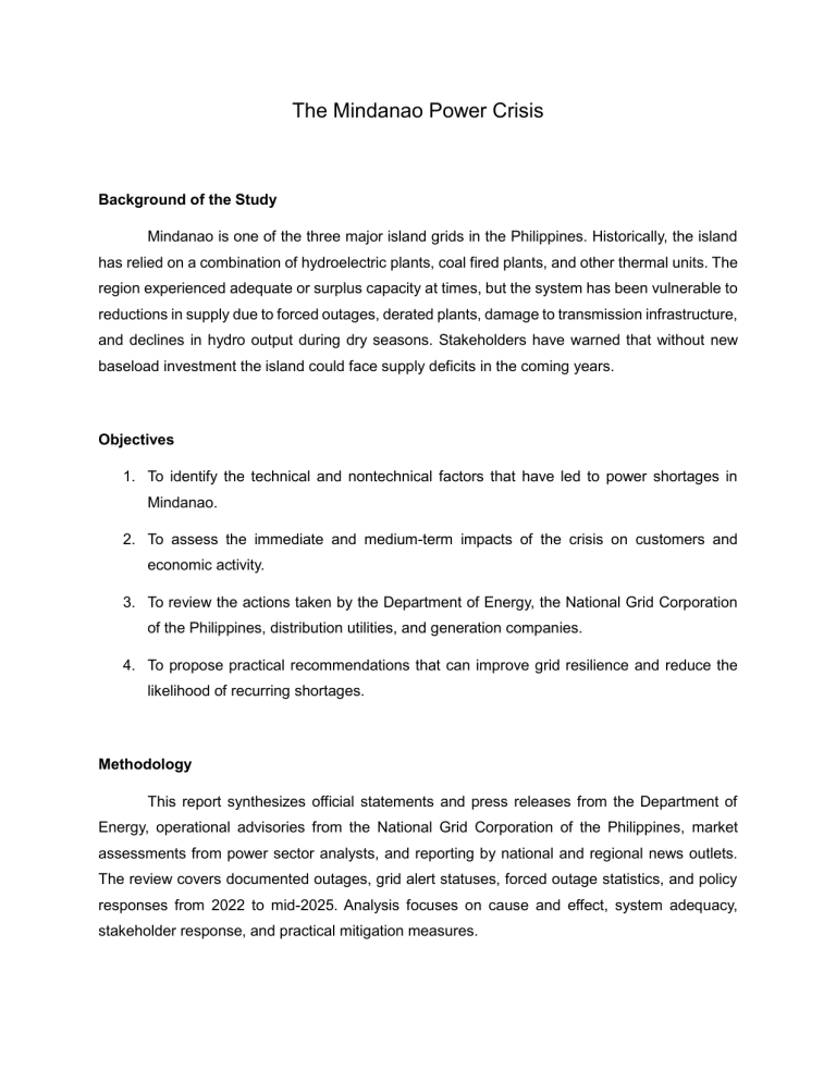 Mindanao Power Crisis: Analysis & Recommendations