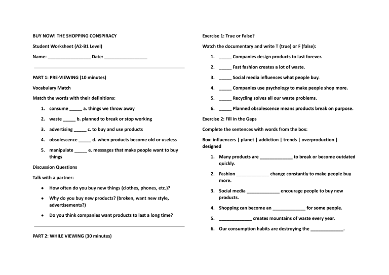 The Shopping Conspiracy Worksheet: Consumerism & Waste