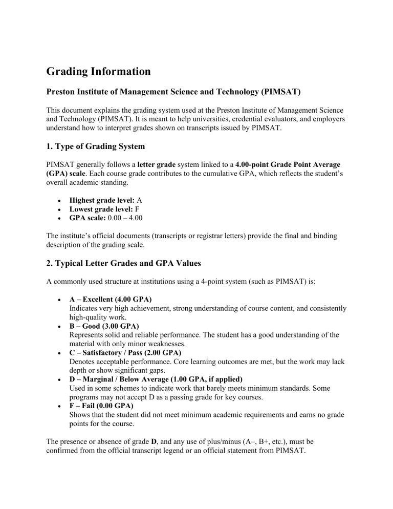 PIMSAT Grading System Explained: GPA Scale, Letter Grades & Policies
