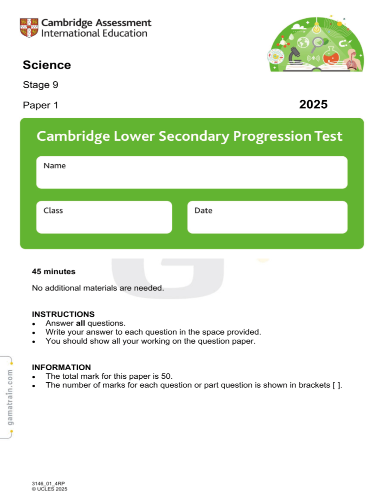 Science Stage 9 Paper 1 (2025) - Cambridge Lower Secondary Test