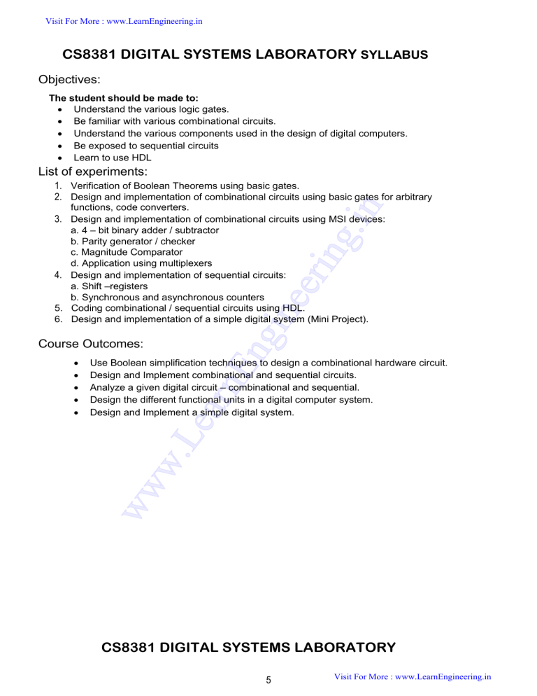 Digital Systems Lab Syllabus: Experiments & Outcomes