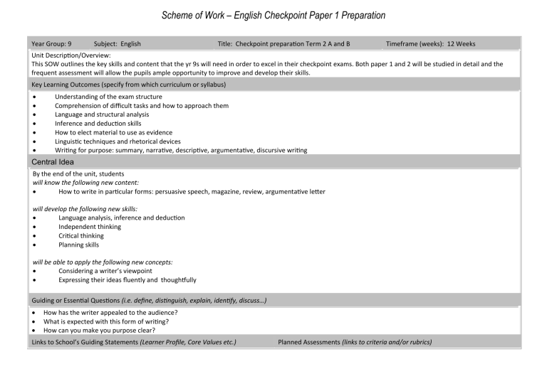 English Checkpoint Paper 1 Preparation: Year 9 Scheme of Work