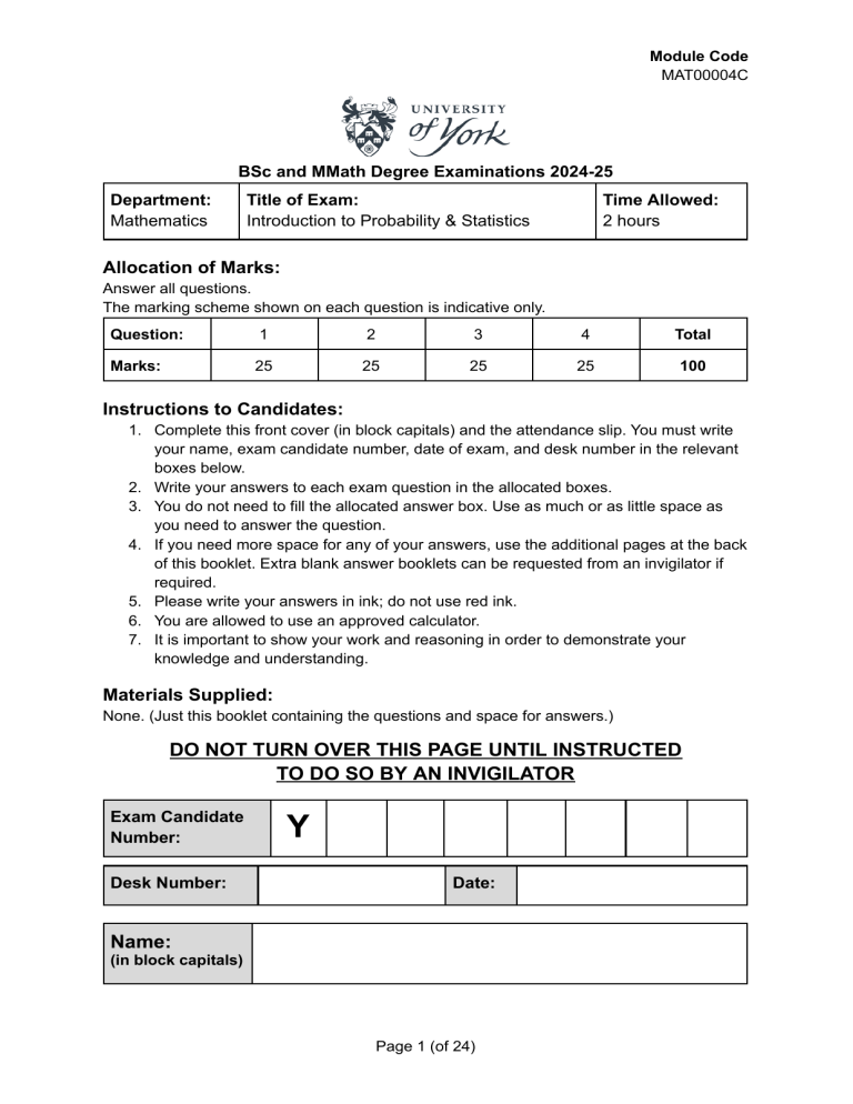 Probability & Statistics Exam Paper - University Level