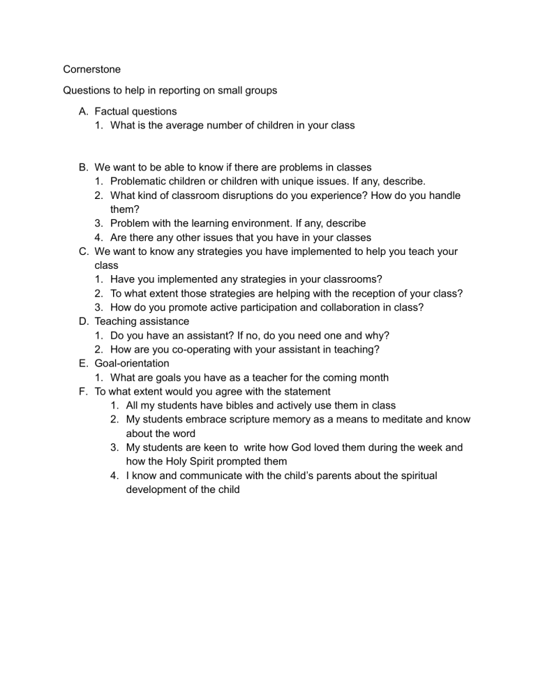 Small Group Teacher Questionnaire: Student Engagement & Support