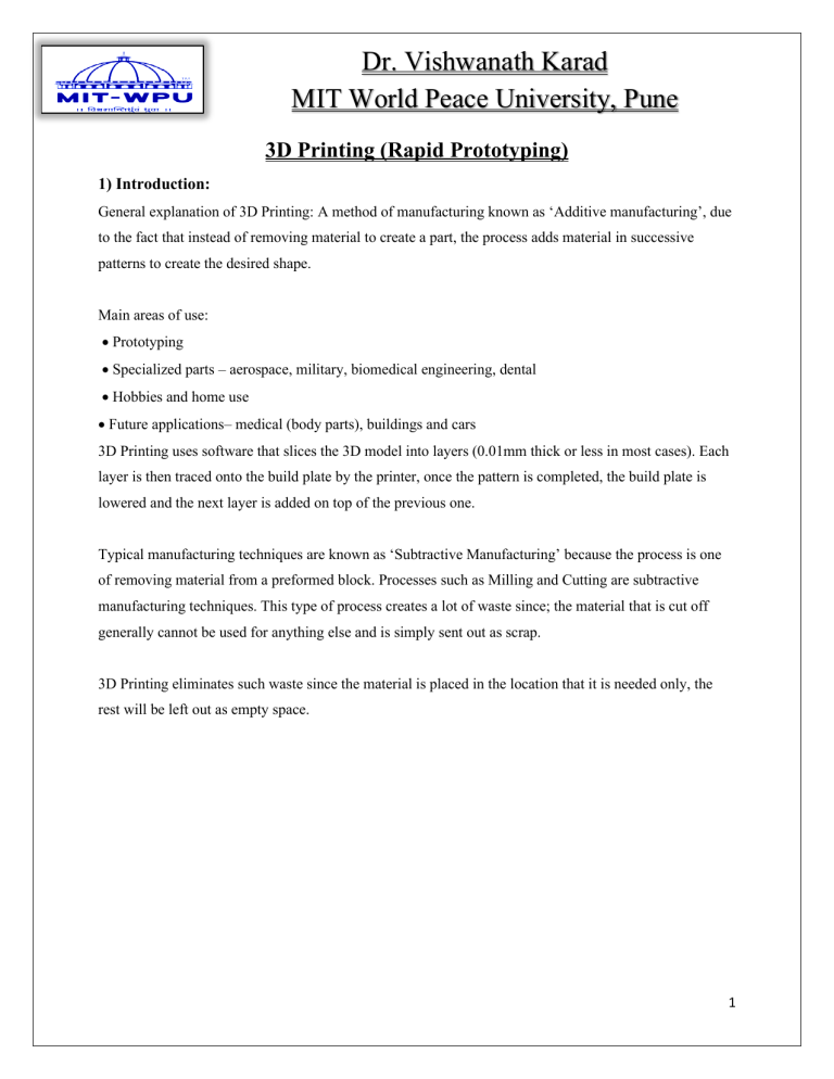 3D Printing: Rapid Prototyping Lecture Notes