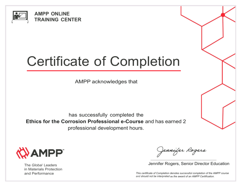 AMPP Certificate of Completion: Ethics for Corrosion Professionals e-Course