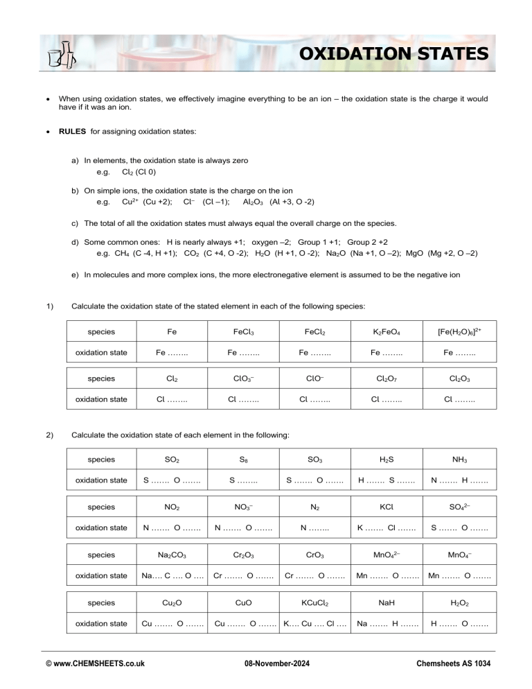 Oxidation States: Rules, Calculations & Ranges (Chemistry Worksheet)