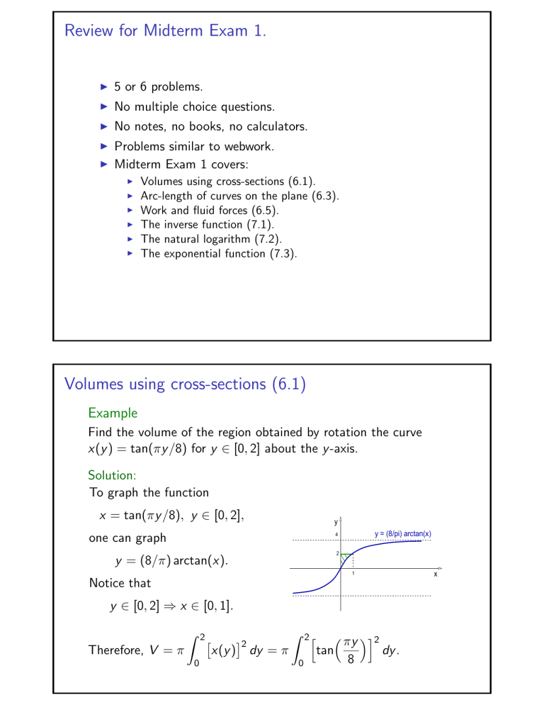 Calculus Midterm 1 Review: Volumes, Arc Length, and More